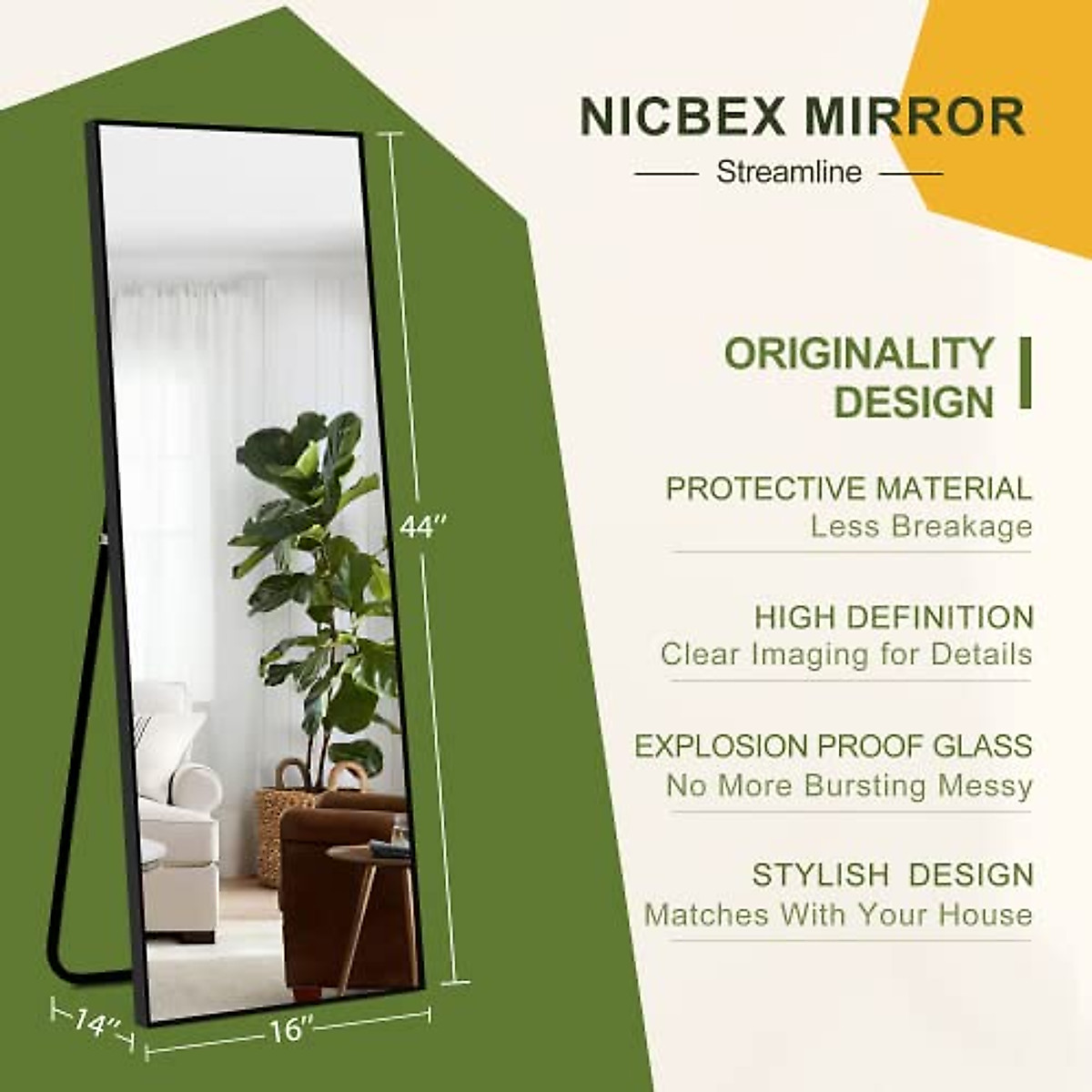 NicBex Full Length Mirror, 43x16 Inch Aluminum Alloy Frame Large Wall Mirror, Vanity Mirror, Bedroom Mirror, Dressing Mirror, Living Room Mirror,Black
