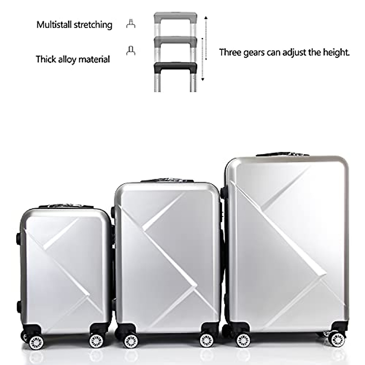 Tiktun Luggage, PC+ABS Hardshell Lightweight Durable Spinner Wheels Suitcase, Silver, 3-Piece Set (20"/24"/28")
