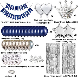 Navy Blue Silver Happy Birthday Party Decorations Set for Men Boys Women Girls, Banner, Crown Balloon, Fringe Curtains, Cake Topper for 13th 16th 18th 21st 25th 30th 40th 50th 60th 70th Party Supplies