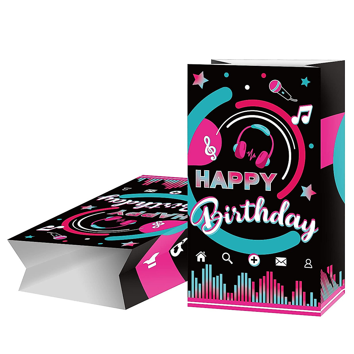 24 Pieces Music Party Paper Bags, Happy Birthday Party Treat Bags Candy Goodie Bags for Teens Social Media Theme Birthday Party Favor, 8.3 x 4.7 x 3.1 Inch