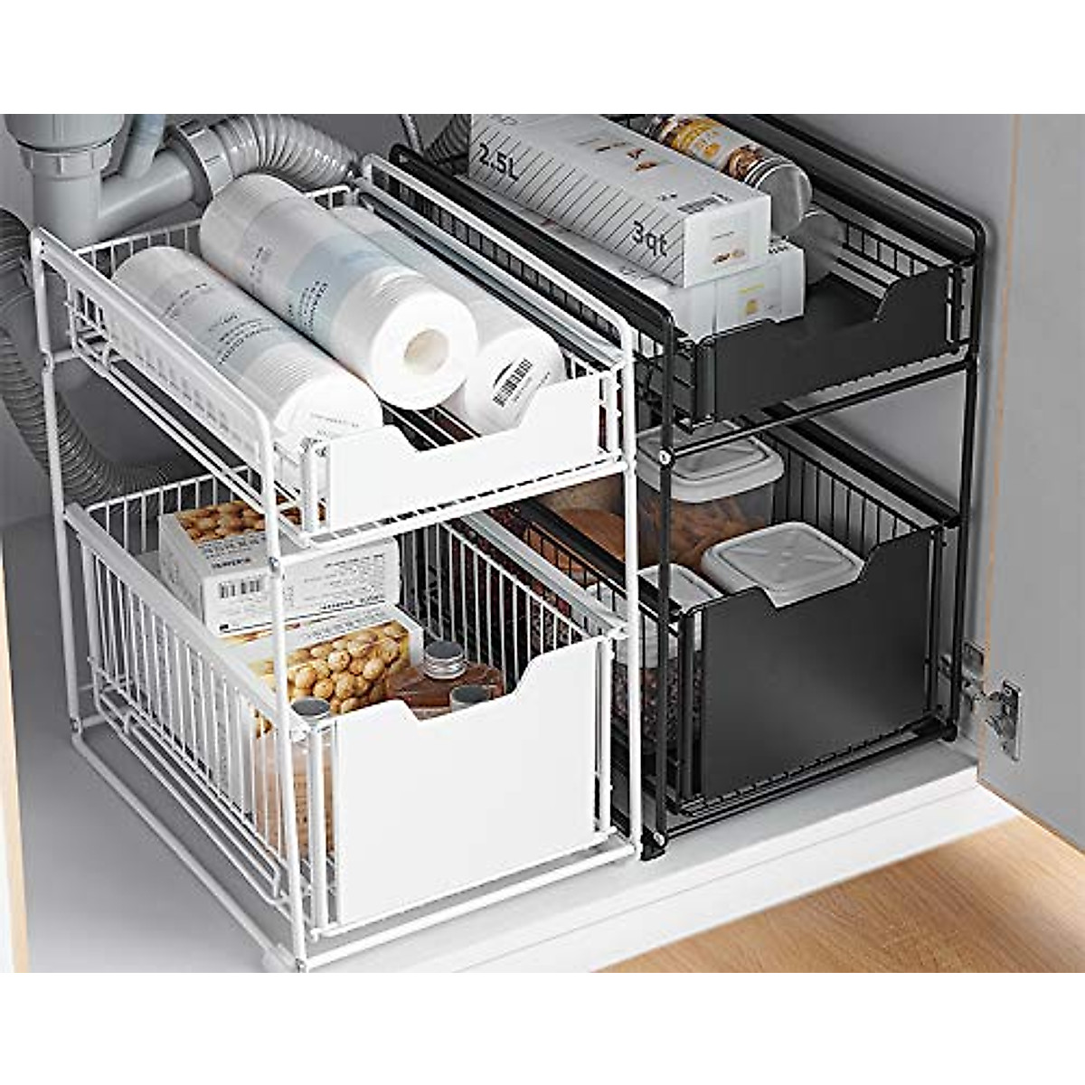 KirinRen Stackable 2-Tie Under Sink Cabinets Organizer With Sliding Storage Drawer, Pull Out Cabinets Organizer Shelf, Sliding Basket Organizer Drawer For Kitchen, Bathroom, Office (White)