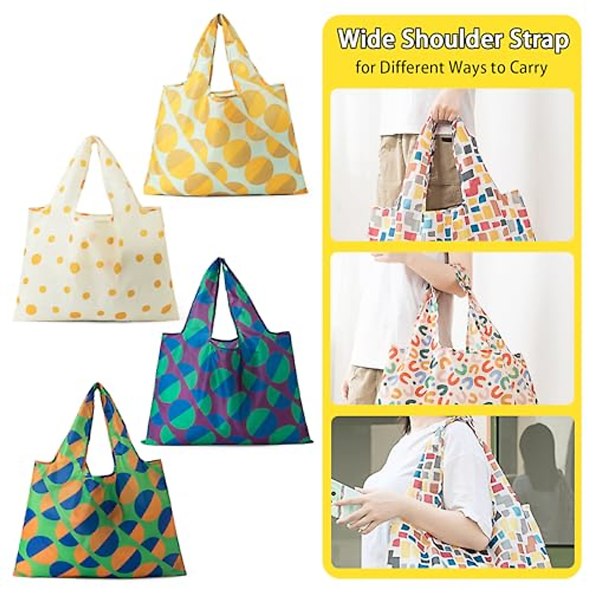 FELIZROCA 4 Pack Reusable Grocery Bags Recycle Foldable Shopping Bag Multicolor Washable Kitchen Grocery Bag Lightweight (Pattern A)