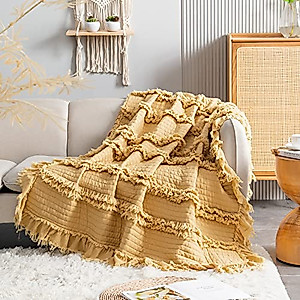 Ultra Soft Pre-Washed Quilted Blanket, Ruffle Fringed Yellow Boho Decorative Stone Chic Rustic Throw for Sofa Couch Bed Chair, 50"x 60"