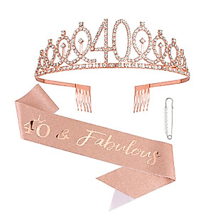 40th Birthday Sash & Rhinestone Crown Kit- Happy 40th Birthday Gifts Women 40th birthday decorations women (Rose gold)
