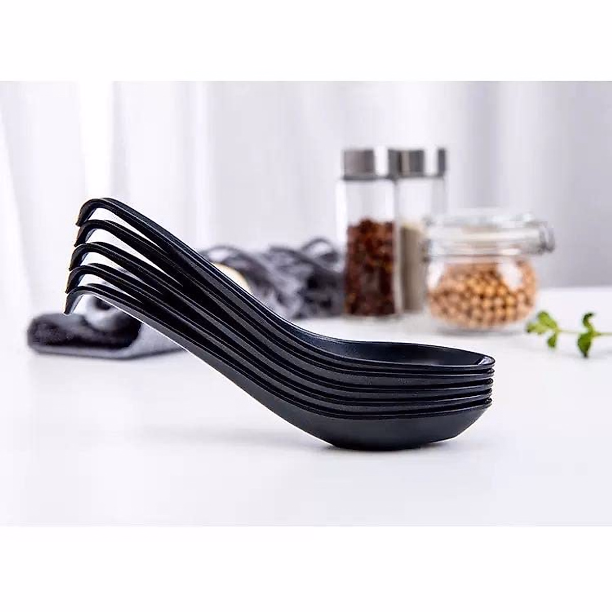 JapanBargain 4889, Set of 8 Chinese Soup Spoons Japanese Soup Spoons Wonton Soup Spoons Rice Spoons Pho Spoons Ramen Soup Spoons Dinner Spoons, Black, 6.5 inch