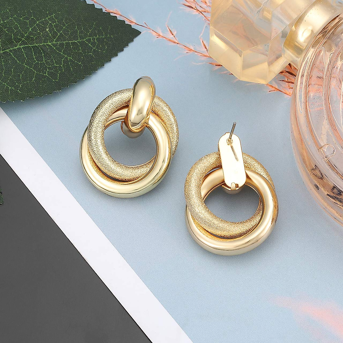 Twisted Earrings Round Double Circle Stud Earrings Statement Chunky Polished Drop Hoop Earrings for Women(gold)
