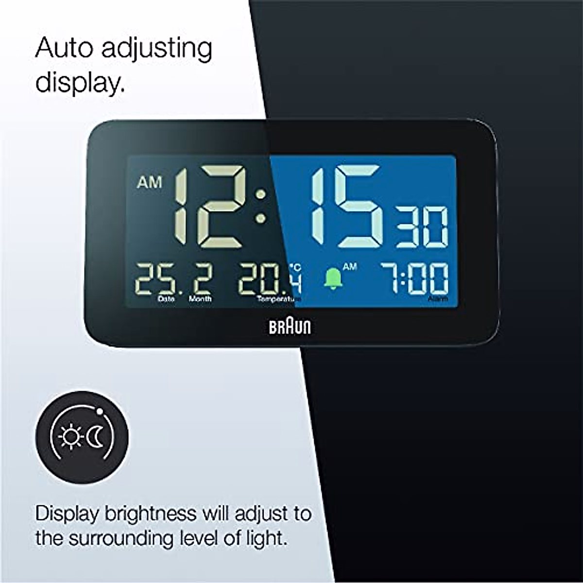 Braun Digital Alarm Clock with Date, Month and Temperature Displayed, Negative LCD Display, Quick Set, Crescendo Beep Alarm in Black, Model BC10B.