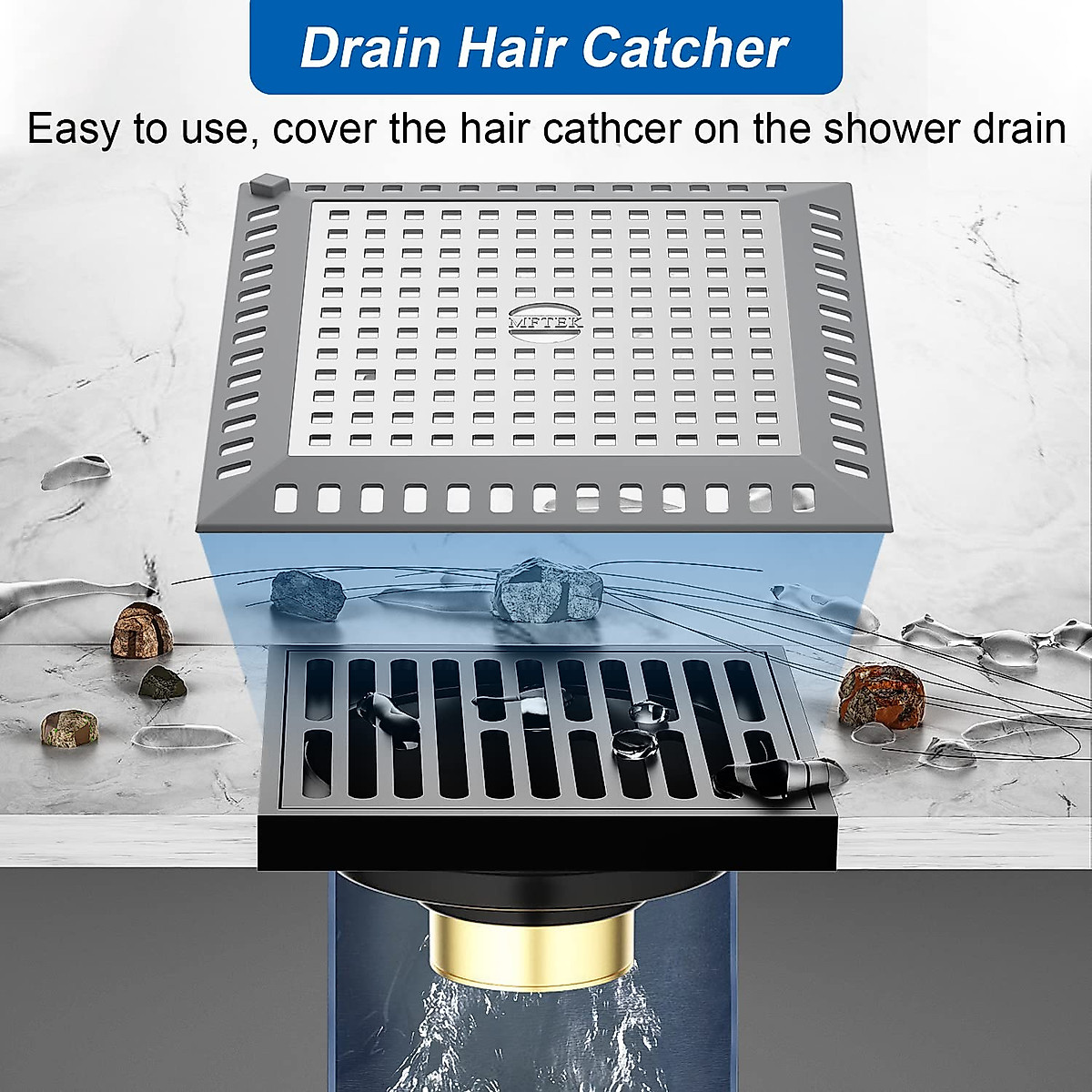 MFTEK Shower Drain Hair Catcher Square Shower Drain Cover, Hair Stopper Drain Strainer Trap for Bathroom Shower, Stainless Steel and Silicone