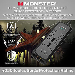 Monster Black Heavy Duty Surge Protector Power Strip 6 ft Cord with 10 120V-Outlet Extension, 2 Ethernet Switch Ports, 4050J Rating, 1 USB-A, and 1 USB-C Charging Ports – Ideal for Computers & Offices