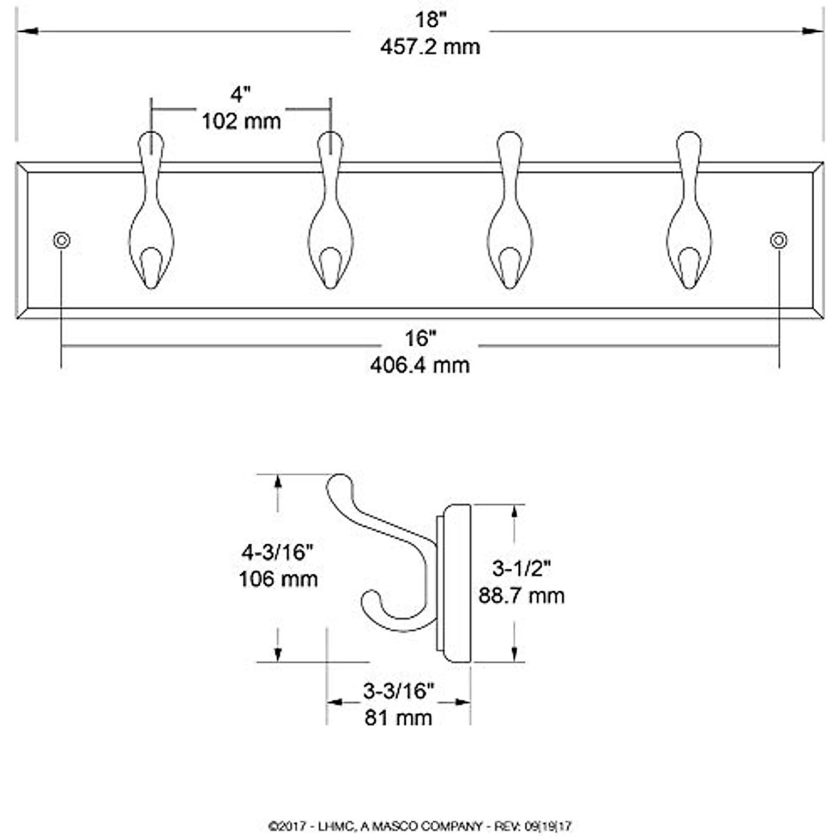 Liberty Hardware 129847 18-Inch Coat and Hat Rail/Rack with 4 Heavy Duty Hooks, White and White