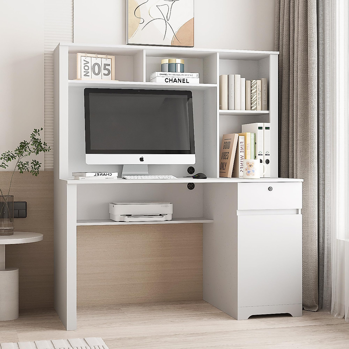 Holaki Computer Desk with Hutch & Bookshelf,Wood Executive Desk Teens Student Desk Writing Laptop Home Office Desk with Drawers,3 AC Outlets and 2 USB Charging Ports,Study Laptop Table for Home(White)