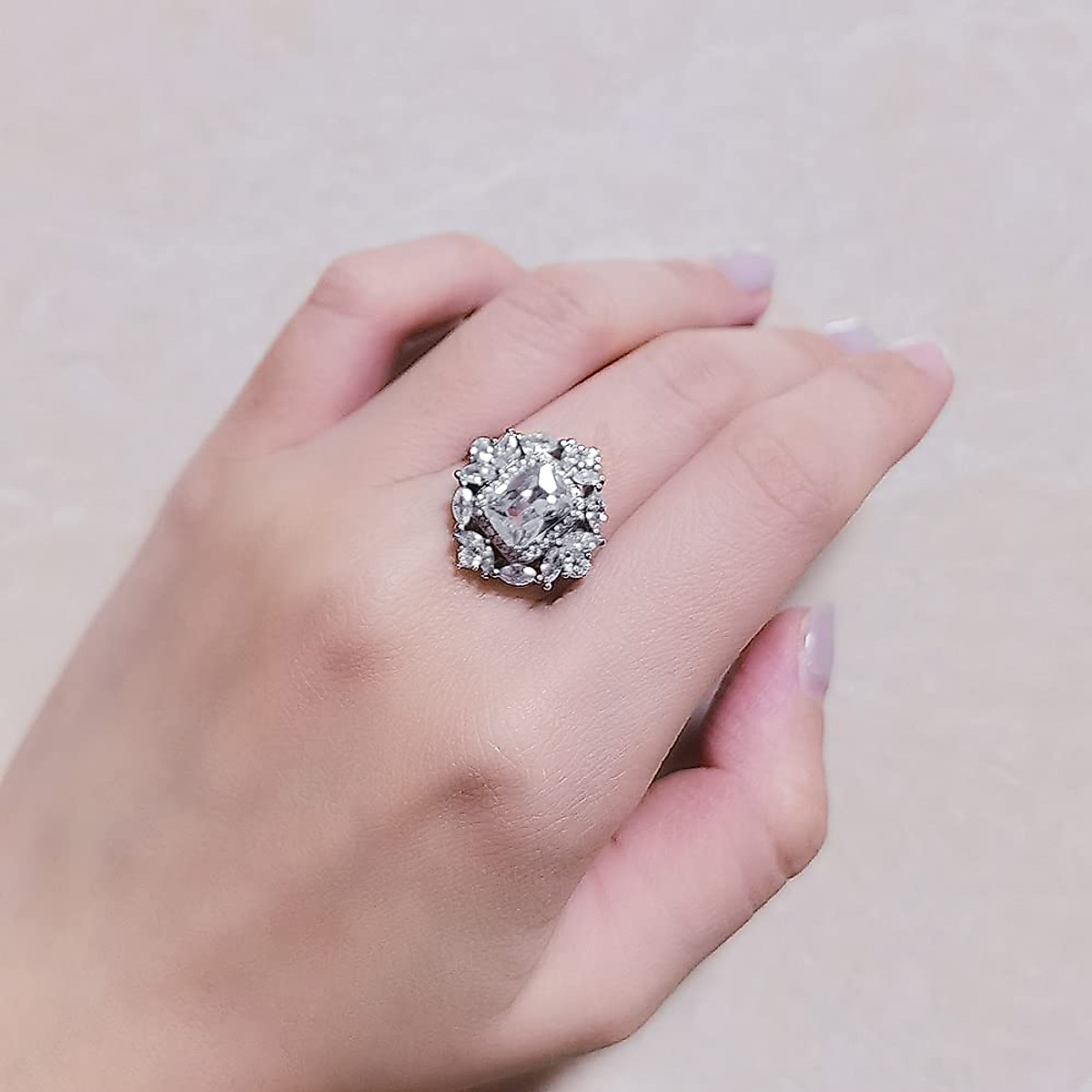 Princess Cut CZ Wedding Engagement Ring for Women Big Crystal Cluster Adjustable Finger Band Rings Comfort Fit Fashion Art Deco Birthday Wedding Christmas Jewelry