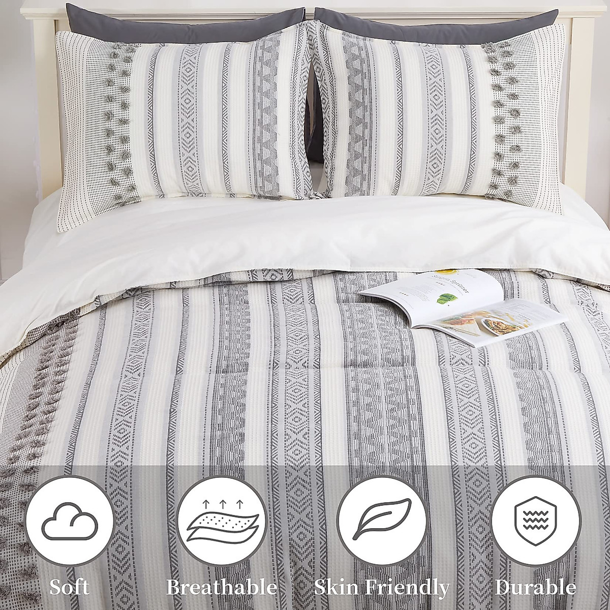 Cotton Jacquard Duvet Cover Set King Size, 3 Pieces Boho Yarn-Dyed Geometric Textured Farmhouse Duvet Cover Set with Waffle and Tufted Dots, 104x92 Inch