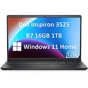 Dell Inspiron 15 15.6" Business Laptop (FHD 120Hz, AMD Ryzen 7 5700U, 16GB RAM, 1TB SSD, 8-Core (Beats i7-1165G7)) Numeric Keypad, Webcam, Wi-Fi, 2024 Inspiron 3000 3525, Win 11 Home, Carbon Black