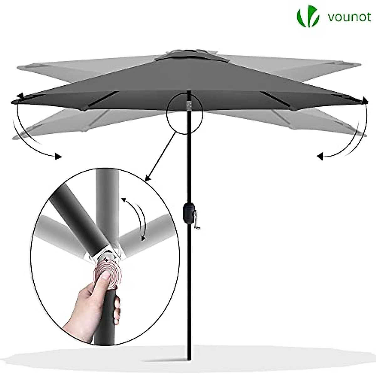 VOUNOT 9 FT Patio Umbrella Outdoor Garden Parasol Table Tilting Patio Parasol Umbrella, with Crank Handle, Protective Cover, 8 Sturdy Ribs, Gray