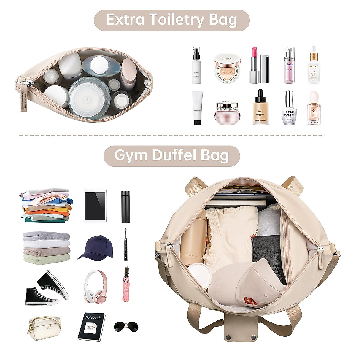 ETRONIK Gym Bag for Women, 55L Travel Duffel Bag with USB Charging Port, Weekender Overnight Bag with Wet Pocket and Shoes Compartment for Women Travel, Large Size (Khaki)