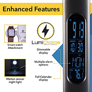 LumiCharge LED 6 in 1 Desk Lamp and Phone Charging Dock - Qi Wireless Charging pad 10W, Touch Control, Motion Light, Clock w/LED Display | Compatible with All Phone Models and Apple Smart Watches