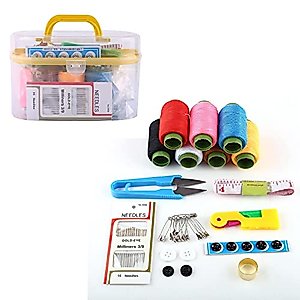 Sewing Supplies Set Portable Sewing Kit Box Plastic Organizer Storage Box with Removable Interlayer for 10pcs Sewing Tools Including Needle Tape Measure Scissor Thimble(Yellow)