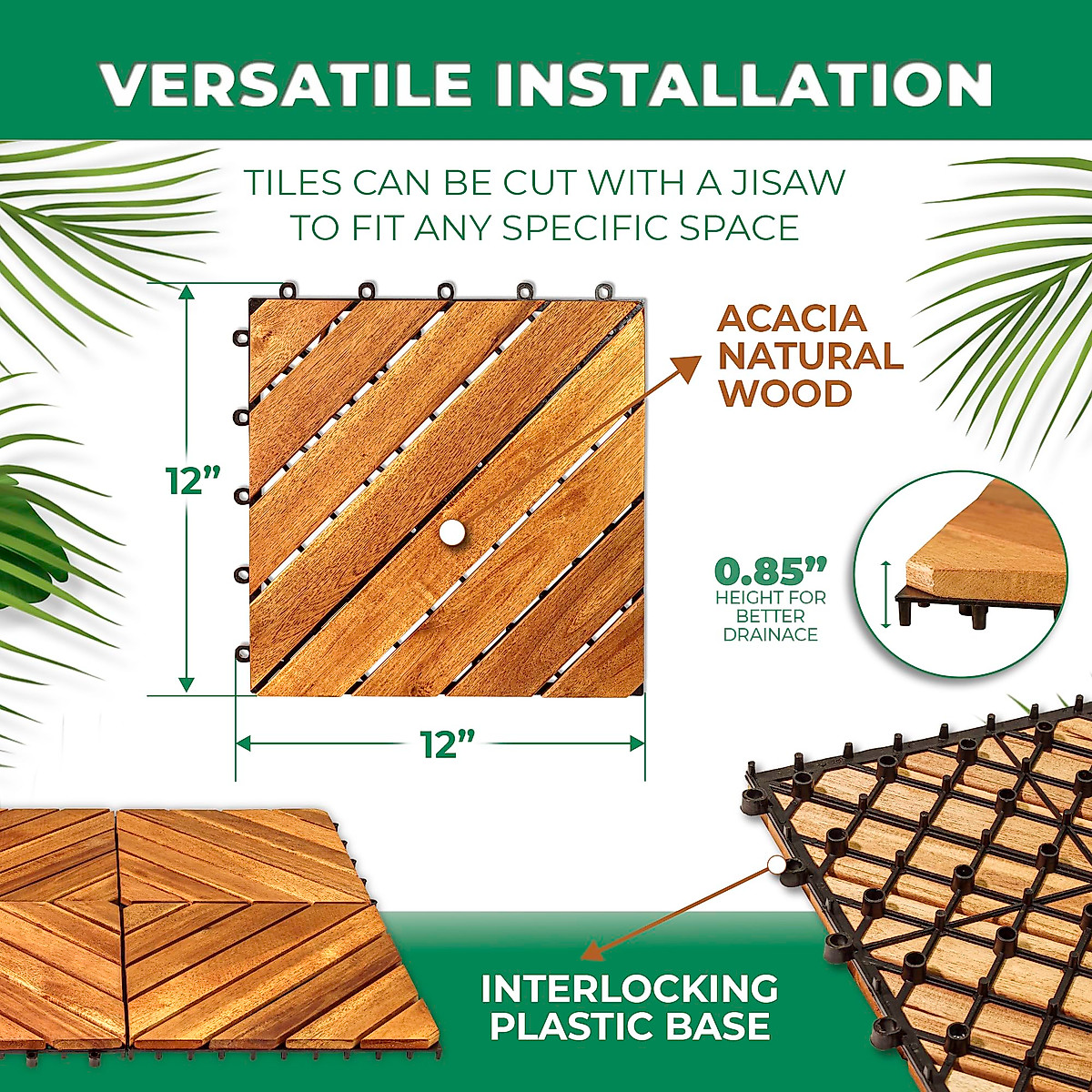 Interlocking Deck Tile (Pack of 10, 12"x12") Acacia Hardwood Deck Tile, Interlocking Patio Tile in Solid Acacia Wooden Oiled Finish Waterproof all Weather Perfect for Indoor Outdoor(Golden Teak Color)