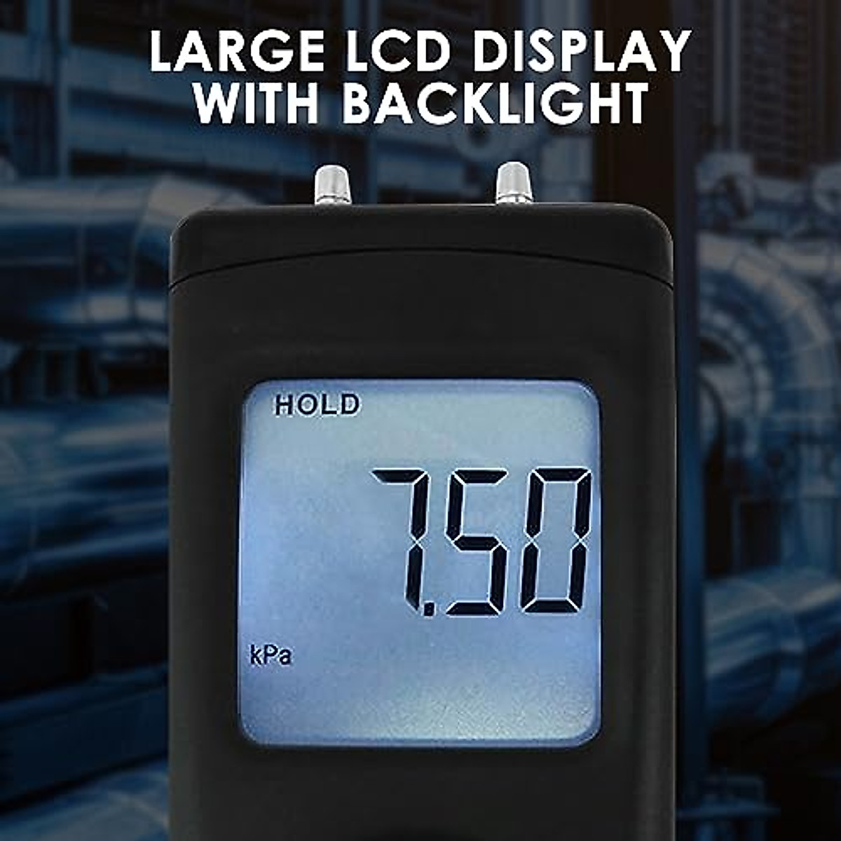 Manometer, Dual-Port Manometer Gas Pressure Tester, Professional Digital HVAC Air Pressure Meter, Differential Pressure Gauge with LCD Display Backlight, Extension Hose,Data Record Funtion