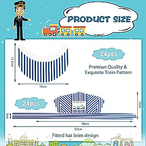 Bonuci 24 Pieces Paper Train Party Hats Train Engineer Hats for Kids Train Party Cosplay, Train Conductor Costume Halloween Blue and White Stripes Train Themed Party Photo Props