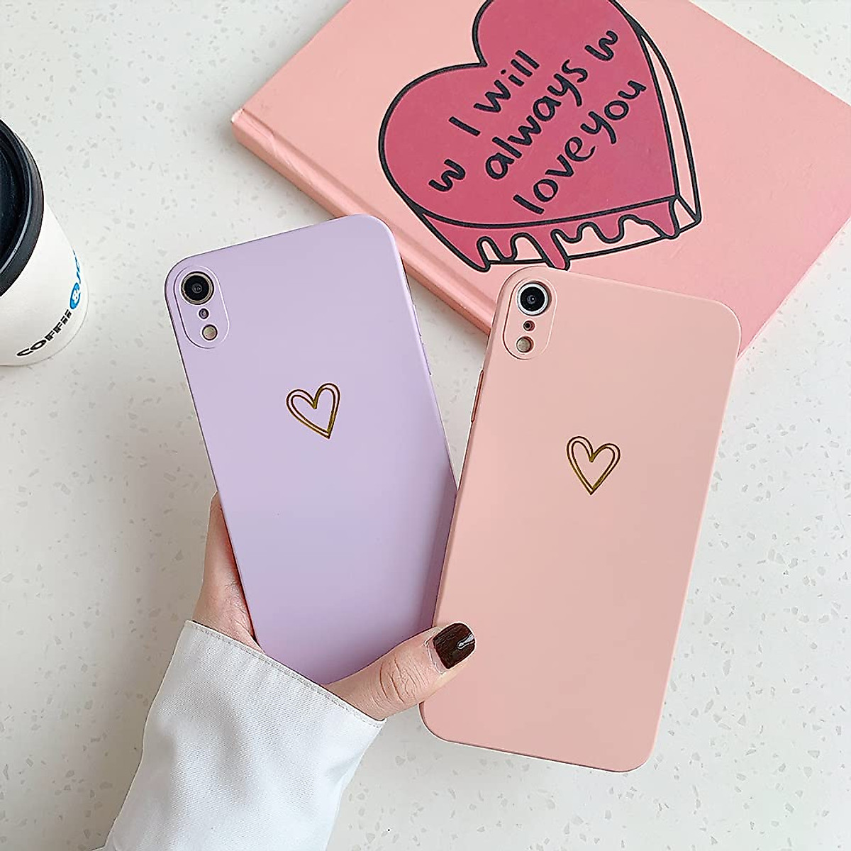 Ownest Compatible with iPhone XR Case for Soft Liquid Silicone Gold Heart Pattern Slim Protective Shockproof Case for Women Girls for iPhone XR-Purple