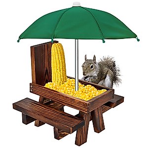 VASGOR Squirrel Feeder Table with Umbrella, Wooden Squirrel Picnic Table, Durable, Corn Cob, Solid Structure and 2 x Thick Benches, Stable, 8.3 x 7 x 8 Inches (1)