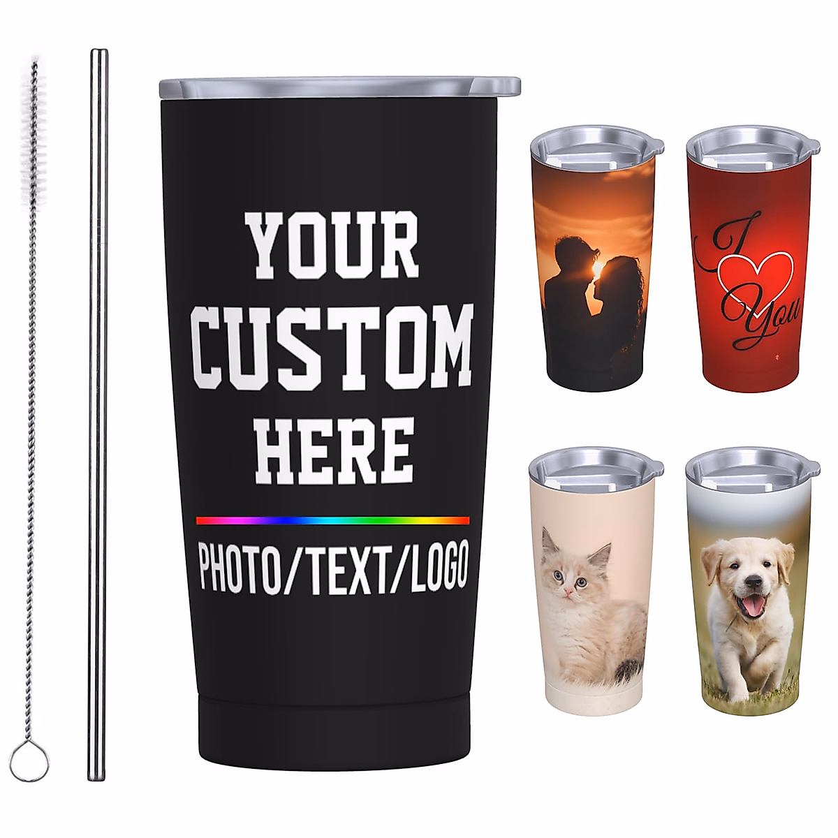 generic Personalized Coffee Tumbler with Picture, Text, Logo Custom 20oz Stainless Steel Tumbler Cup with Lid and Straw Customized Gifts for Christmas Birthday Anniversary