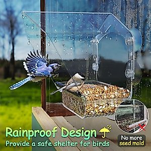 Ermete Window Bird Feeder with Strong Suction Cups, Large View Clear Bird Feeder Window, Adjustable Size Bird Window Feeder with Bird Seed Tray, Rain Proof Window Bird Feeders for Outside (S2)