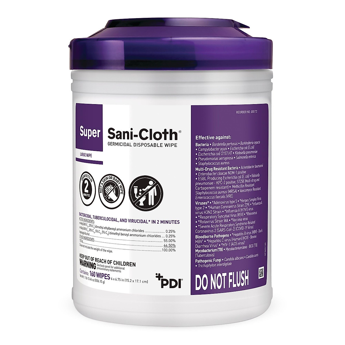 PDI Super Sani-Cloth Germicidal Disposable Wipe, White, 6 X 6-3/4", 160 Count