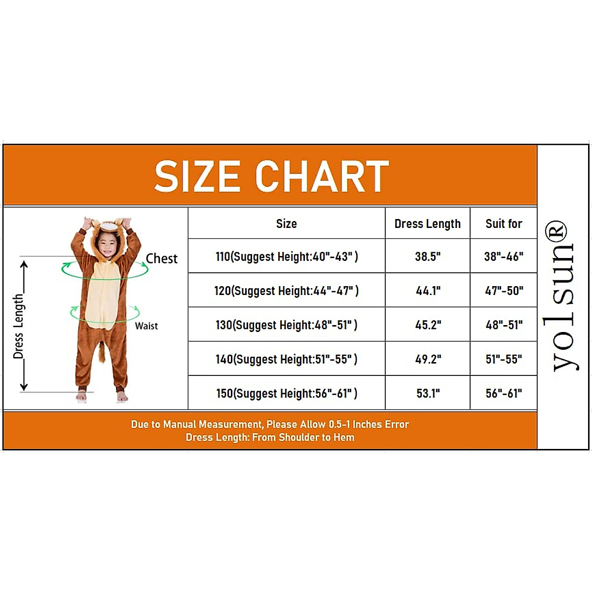 yolsun Kids Lion Animal Halloween Costume, Deluxe Kids Onesie Dress up for Boys&Girls