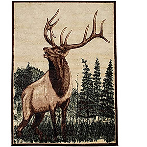 Champion Rugs Rustic Lodge Cabin Decor Elk Deer Fern Pine Trees Area Rug (3 Feet 10 Inch X 5 Feet 2 Inch)