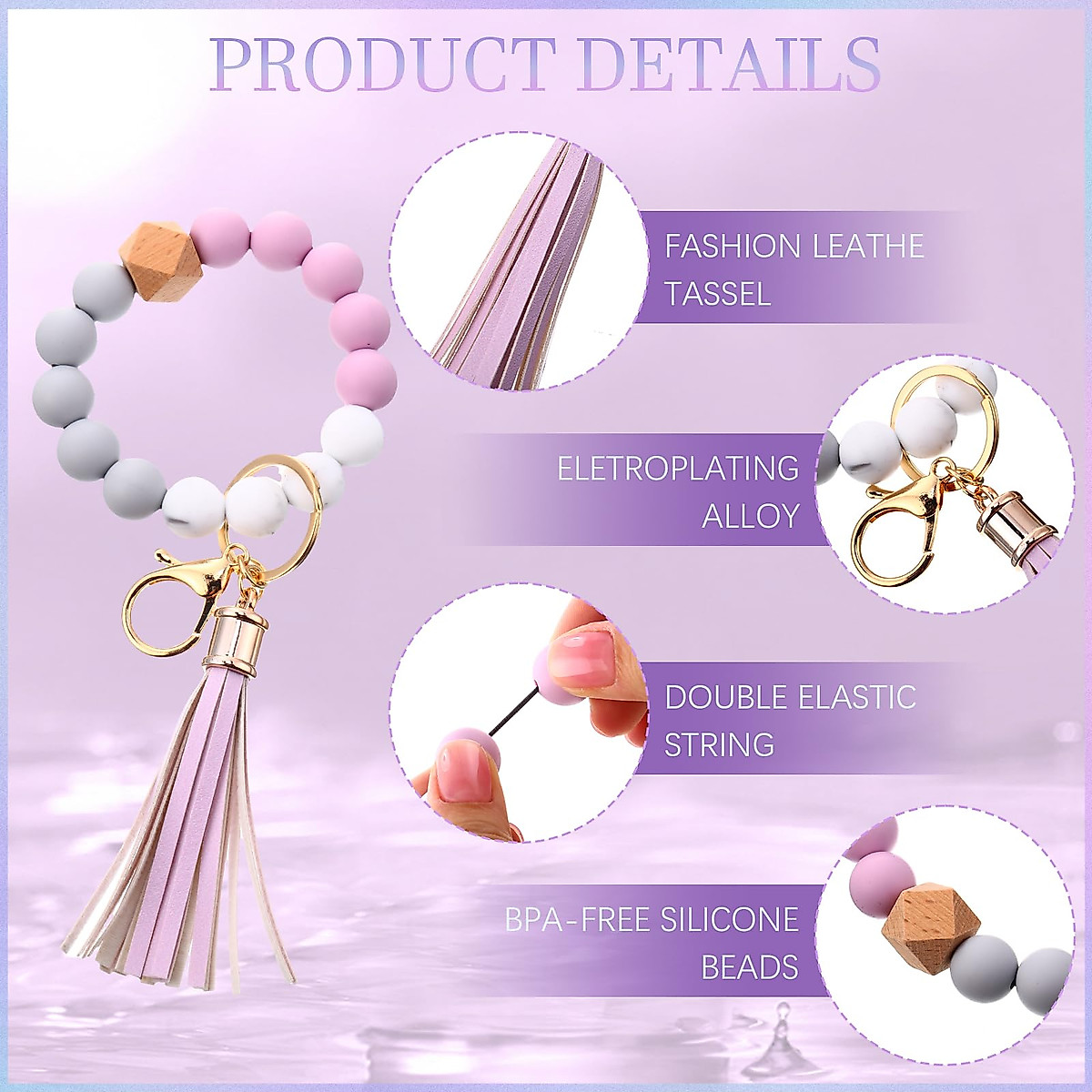 Misdary 15 Pcs Silicone Key Ring Bracelet Women Portable Key Chains Beaded Car Keys Keychain Wristlet Holder Bangle Chain with Tassel for Women