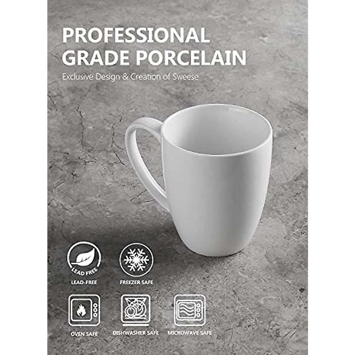 Sweese 611.001 Porcelain Mugs - 12 Ounce for Coffee, Tea, Mocha and Mulled Drinks - Set of 6, White