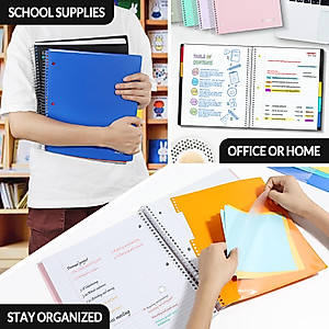 SUNEE 5 Subject Notebook College Ruled - 300 Pages, 8.2"x10.8", Spiral Lined Notebook with 5 Pocket Colored Dividers, 3-Hole Punched Paper, Black Notebooks for School Supplies, Home & Office, Writing Journal