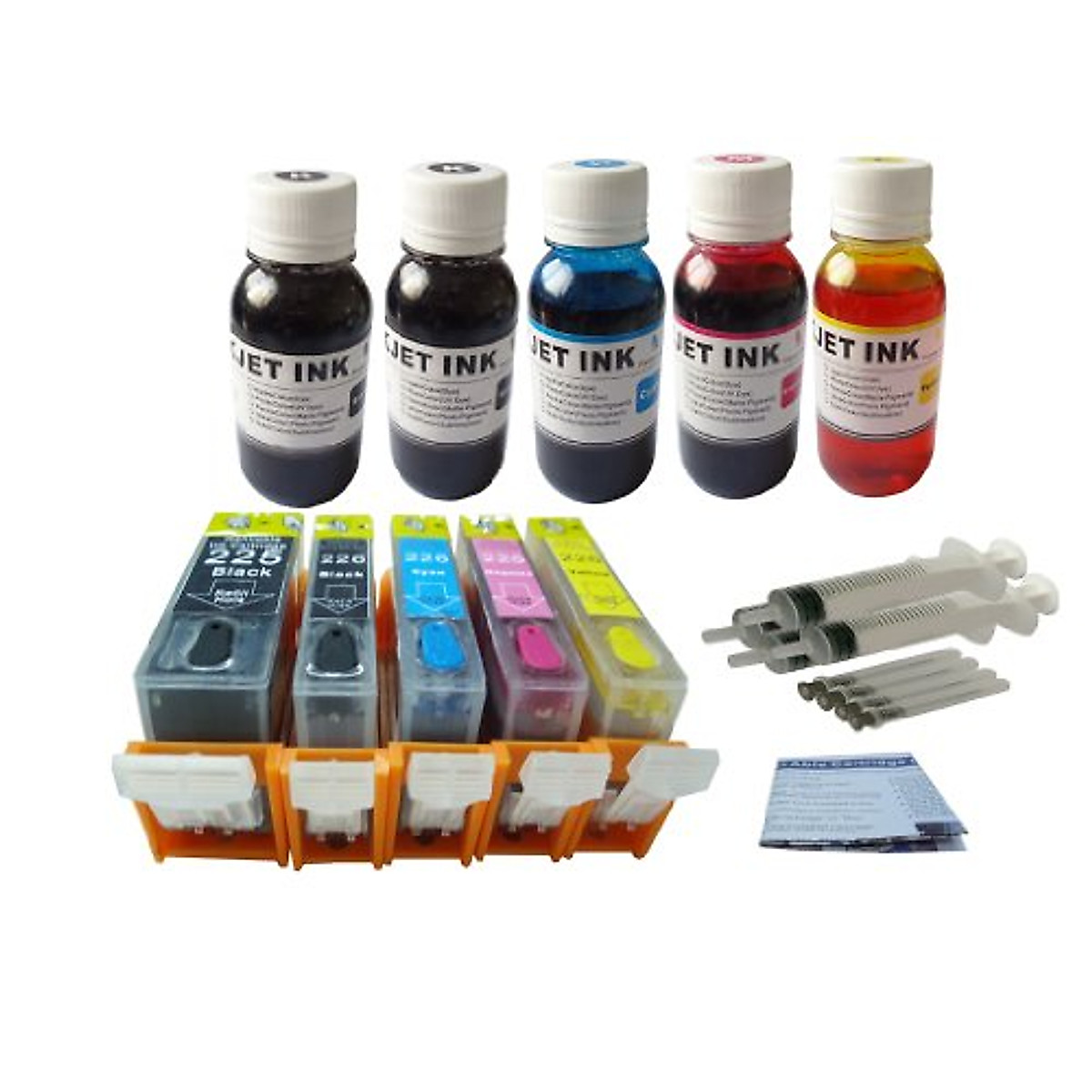 ND ™ Brand Refillable Ink Cartridges for Canon PGI-220 CLI-221 with Auto Reset Chips (ARC): PIXMA Pixma ip3600, ip4600, ip4700.. (Pre-Filled 5 packs) + 5 Bottles 100ml ND Brand UV resistant Bulk Refill Ink+5 Syringes and detail refill instruction. The ite