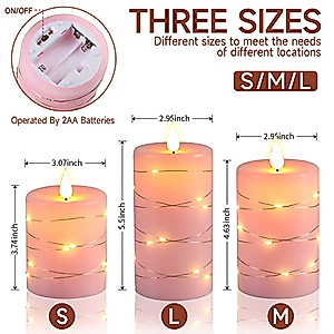 Da by Flameless Candles with String Lights，Battery Operated Candles,LED Flickering Candles with Remote Control and Timer, Real Wax, 3 Pack-Pink