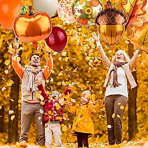 129pcs Fall Confetti Balloons, Huge Pumpkin Maple Pine Leaf Aluminum Foil Balloons Orange Brown Helium Latex Balloons for Birthday, Baby Shower, Thanksgiving, Friendsgiving Party Decorations Supplies