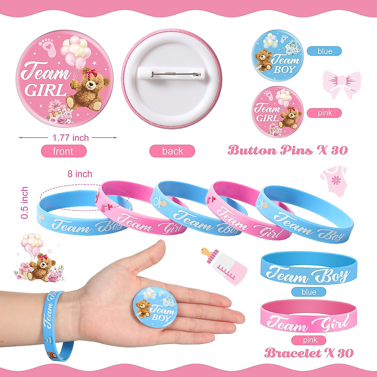 Capoda Boy or Girl Gender Reveal Sash Pink Blue Mom and Dad to Be Pins with Flower Crown Wristband 30 Team Boy Girl Button Pins and 30 Silicone Wristbands for Baby Shower (Bear)