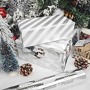 LDGOOAEL Reversible Christmas Wrapping Paper Jumbo Roll - Silver Holiday Tree & Stripes - 30 inches x 100 Feet