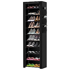 NiHome 10-Tier Tall Shoe Rack with Dustproof Waterproof Cover, Compact Narrow Shoe Rack Free Standing Shoe Storage Organizer for Closet Entryway, Metal Structure Vertical Shoe Shelf Tower, Black
