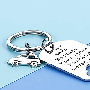 Funny New Driver Gift Drive Safe Your Mom Loves You Keychain for Son Daughter from Mom Dad Stocking Stuffer Trucker BFF 16th Birthday Gift Promise Keyring Valentine for Teens Adult Boys Girls Him Her