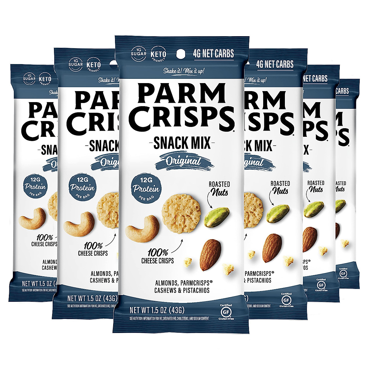 ParmCrisps Snack Mix – Original Cheese Parm Crisps and Nuts Snack, Made Simply with 100% Cheese Crisps, Almonds, Cashews, and Pistachios | Healthy High-Protein On-the-Go Snack, Low Carb, Gluten Free, Low Sugar | 1.5 oz (Pack of 6)