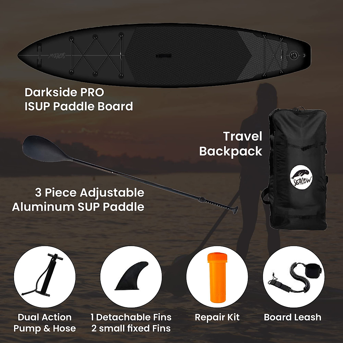 Seacow Darkside PRO ISUP Paddle Board Kit - Ultra Light Inflatable SUP - Everything Included with Standup Paddleboard (Black/Grey)