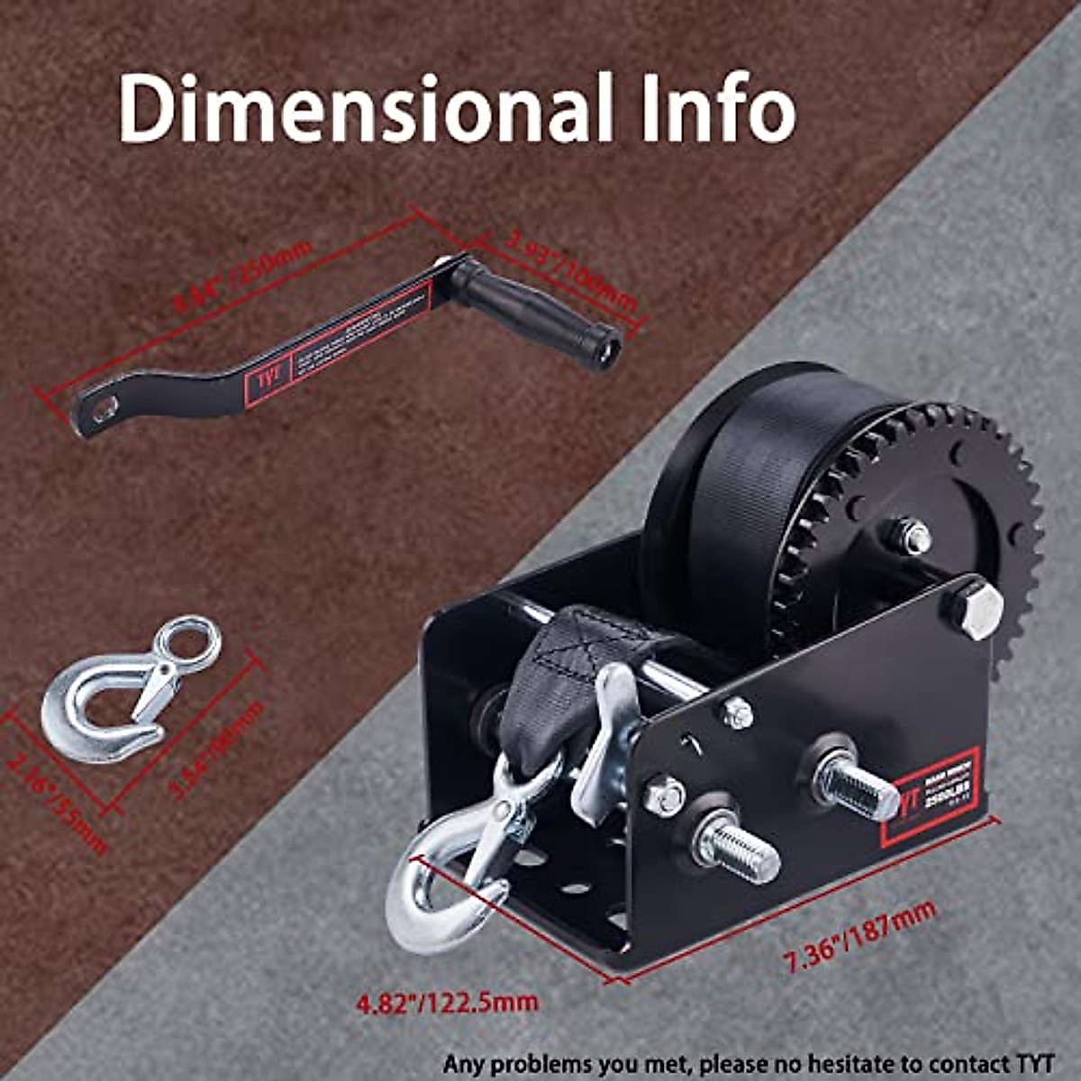 TYT 2500LB Boat Trailer Strap Winch with 26FT Black Strap, Longevity Resists Rust Hand Crank Winch with Hook, 2 Way Ratchet High Steel Gear Manual Winch for Jet Ski Boat Trailer Towing Pulley RV Winch