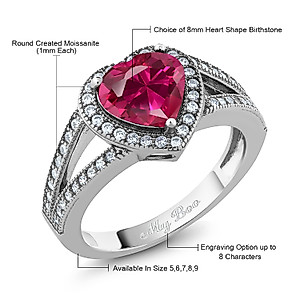 Gem Stone King 925 Sterling Silver Customized and Personalized 8MM Heart Shape Gemstone Birthstone and White Moissanite Name Engraved Ring For Women (Size 8)