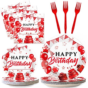 Red White and Gold Birthday Plates Napkins Forks Party Tableware Set Confetti Sprinkles Happy Birthday Party Decorations Red Table Decors for Men Women for 24 Guests