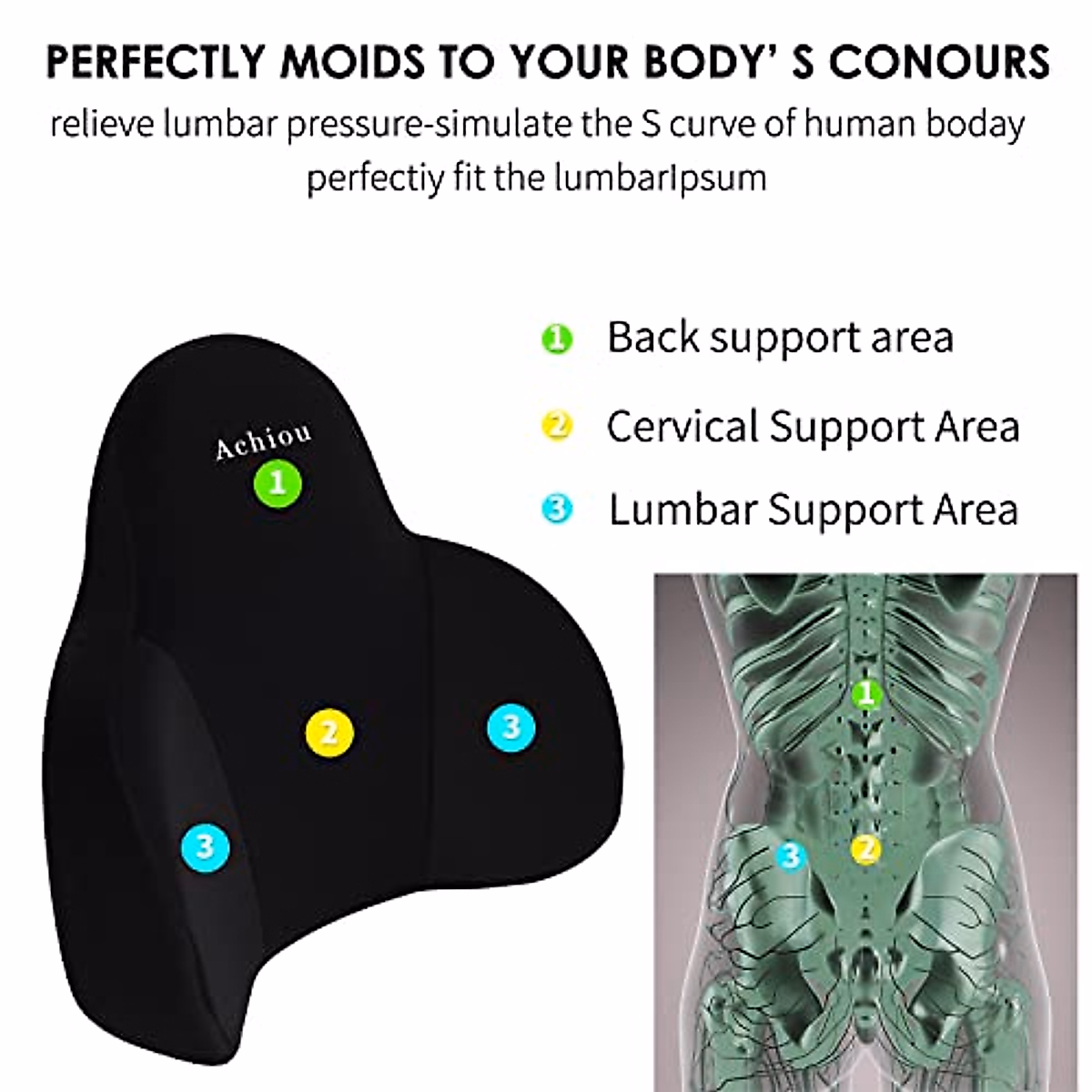 Achiou Lumbar Support Pillow for Office Chair, Back Support Pillow for Car Computer Gaming Chair, Memory Foam Pad Back Cushion for Back Pain Relief Boost Your Lower Back Comfort Zone