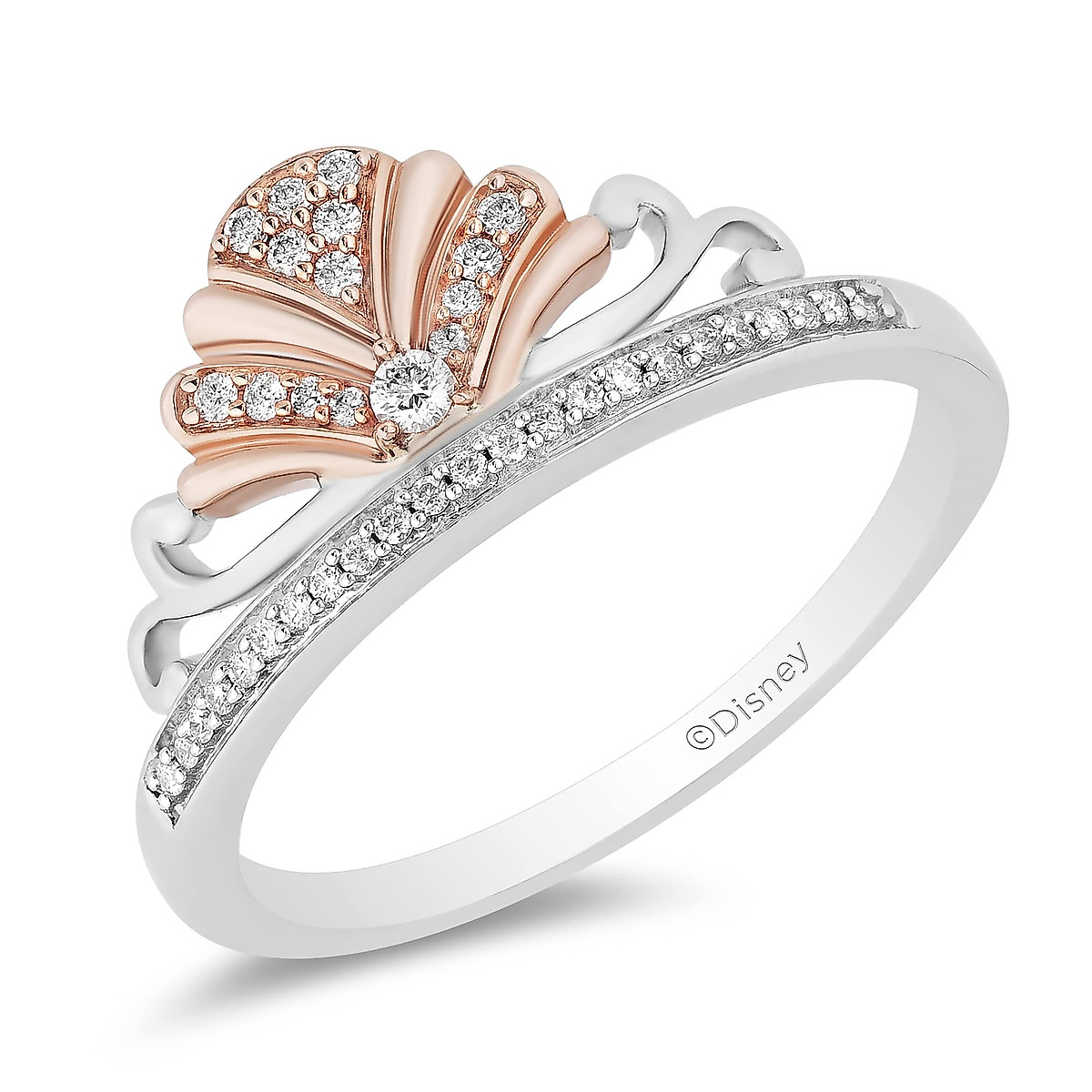 Jewelili Enchanted Disney Fine Jewelry Sterling Silver and 10K Rose Gold 1/6 Cttw Natural White Round Diamonds Ariel Tiara Ring Size 7