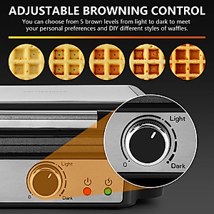 MONXOOK Belgian Waffle Maker, 4-Slice Non-Stick Square Waffle Maker, Anti-Overflow Waffle Iron with Browning Knob, Indicator Lights, Compact Design, Recipes Included, 1200W, Silver/Black